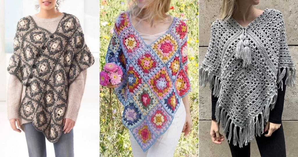 9 Crochet Granny Square Poncho Free Patterns - Crocht